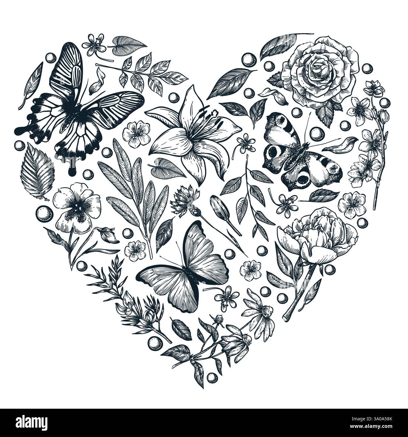 Butterflies, flowers and leaves in heart shape. Vector hand drawn sketch illustration isolated ...