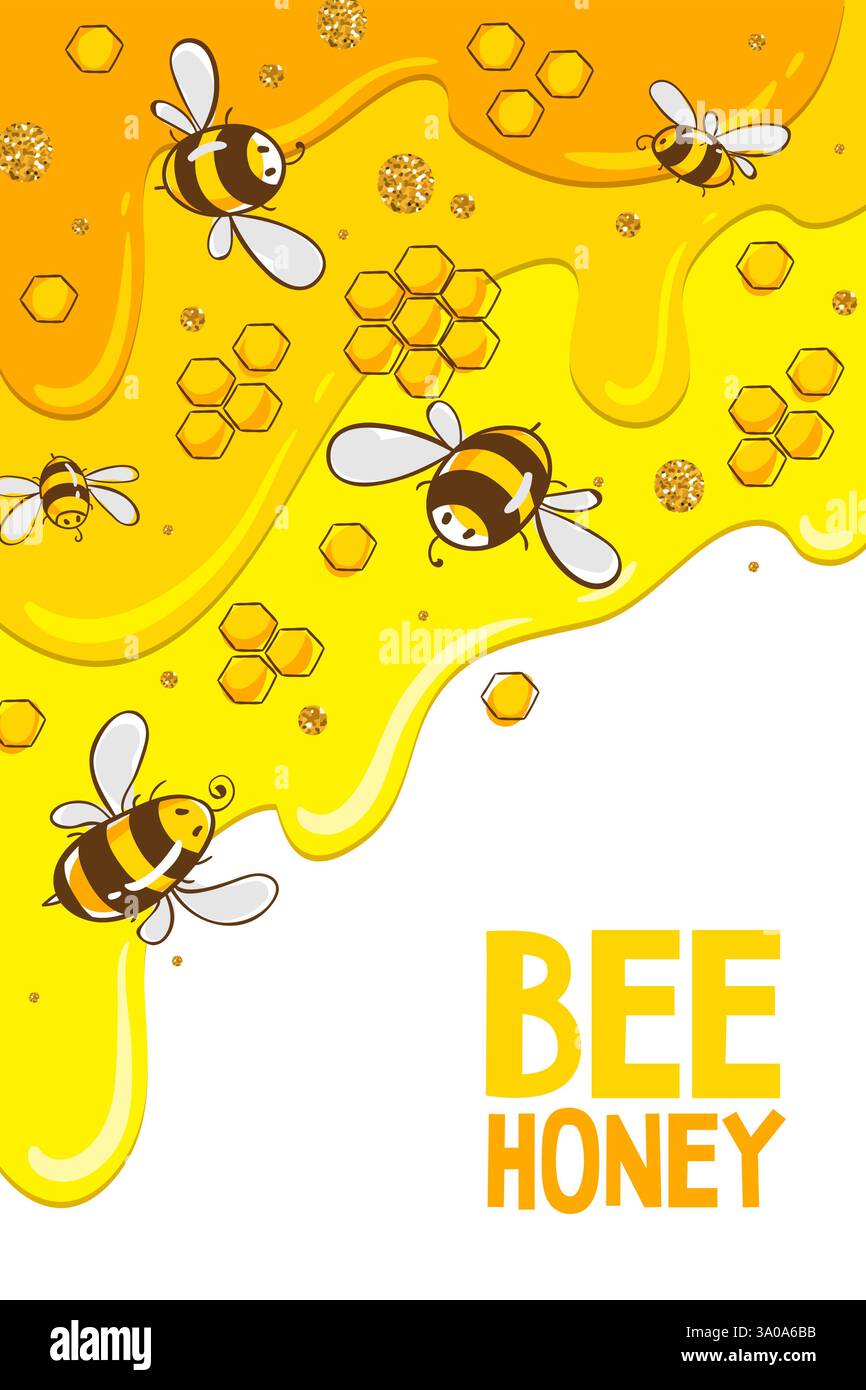 Vertical banner with bees combs. Honey isolated on yellow background ...