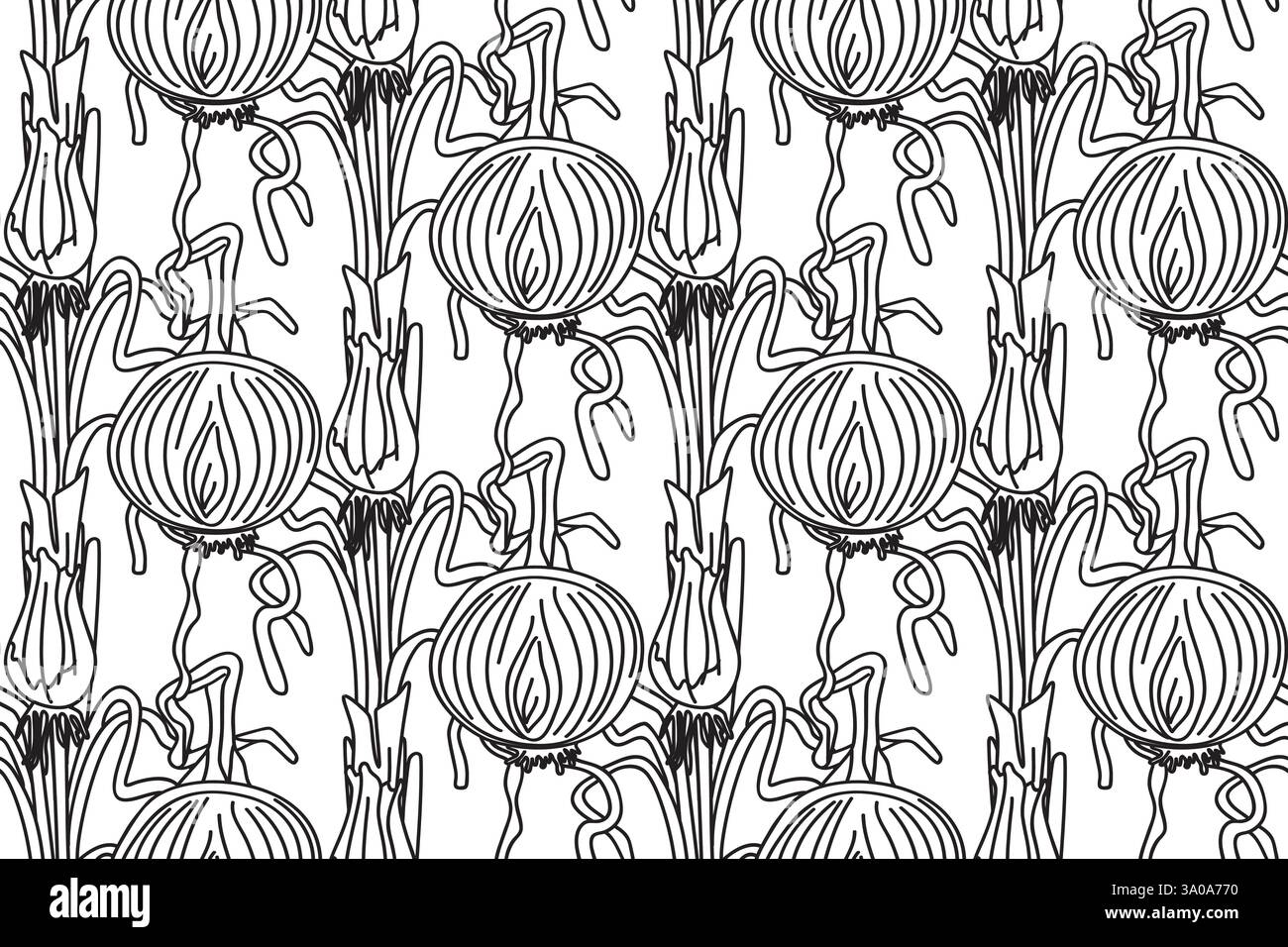 Line art seamless pattern with onions plants vector illustration. Hand ...