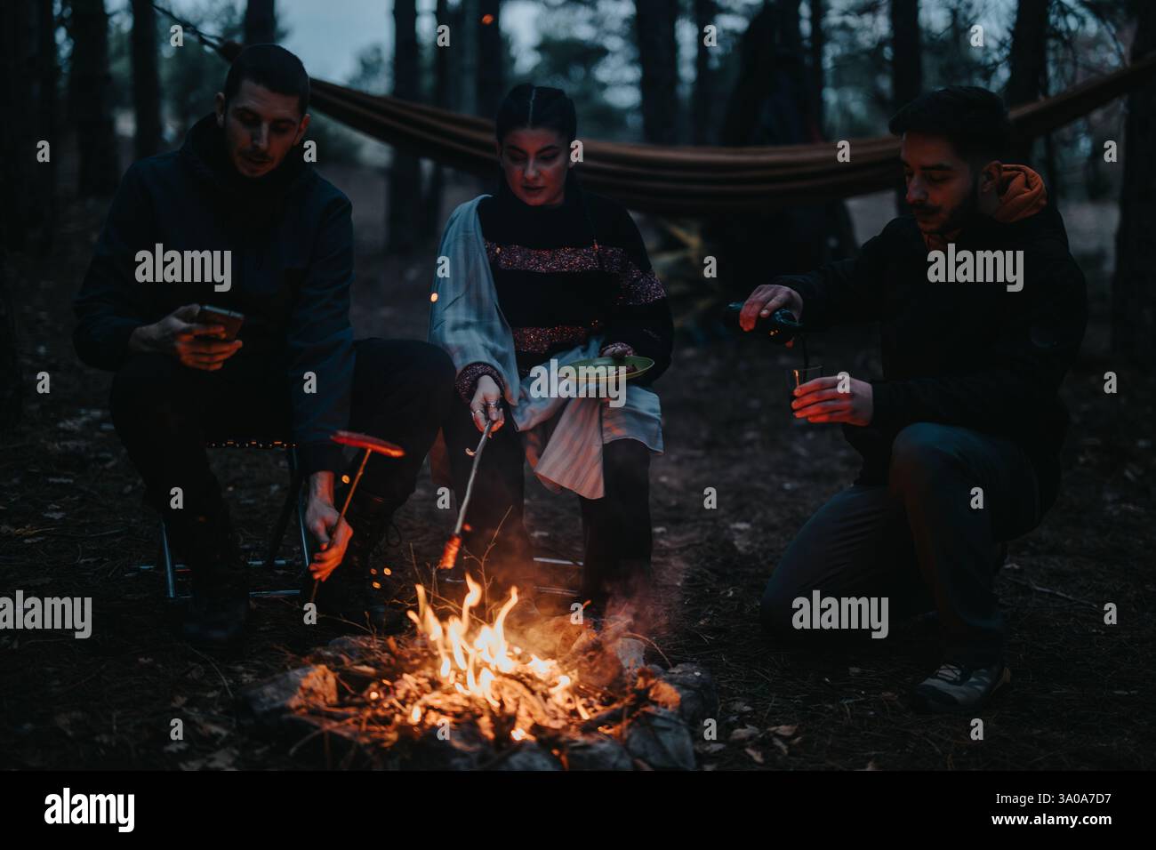 Group of friends enjoying a forest campfire meal during a winter picnic ...