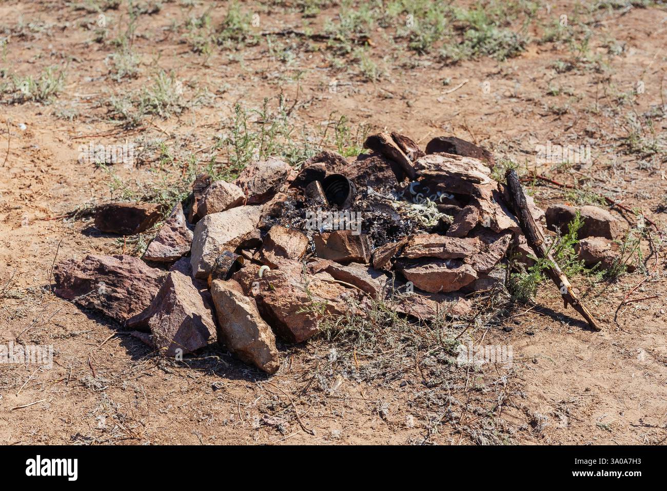 burning organic garbage in a campfire in nature. An extinct campfire in ...