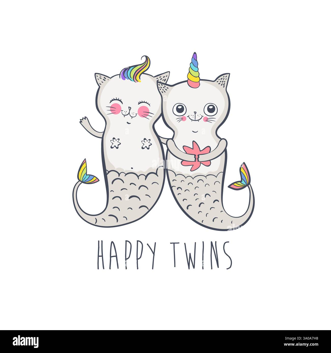 Cute cat mermaid, vector doodle illustration for kids. Happy twins ...