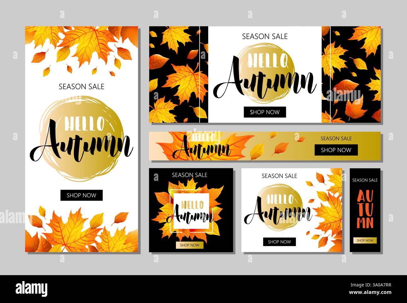 Set of Autumn sale flyer template with lettering, orange leaves. Fall ...