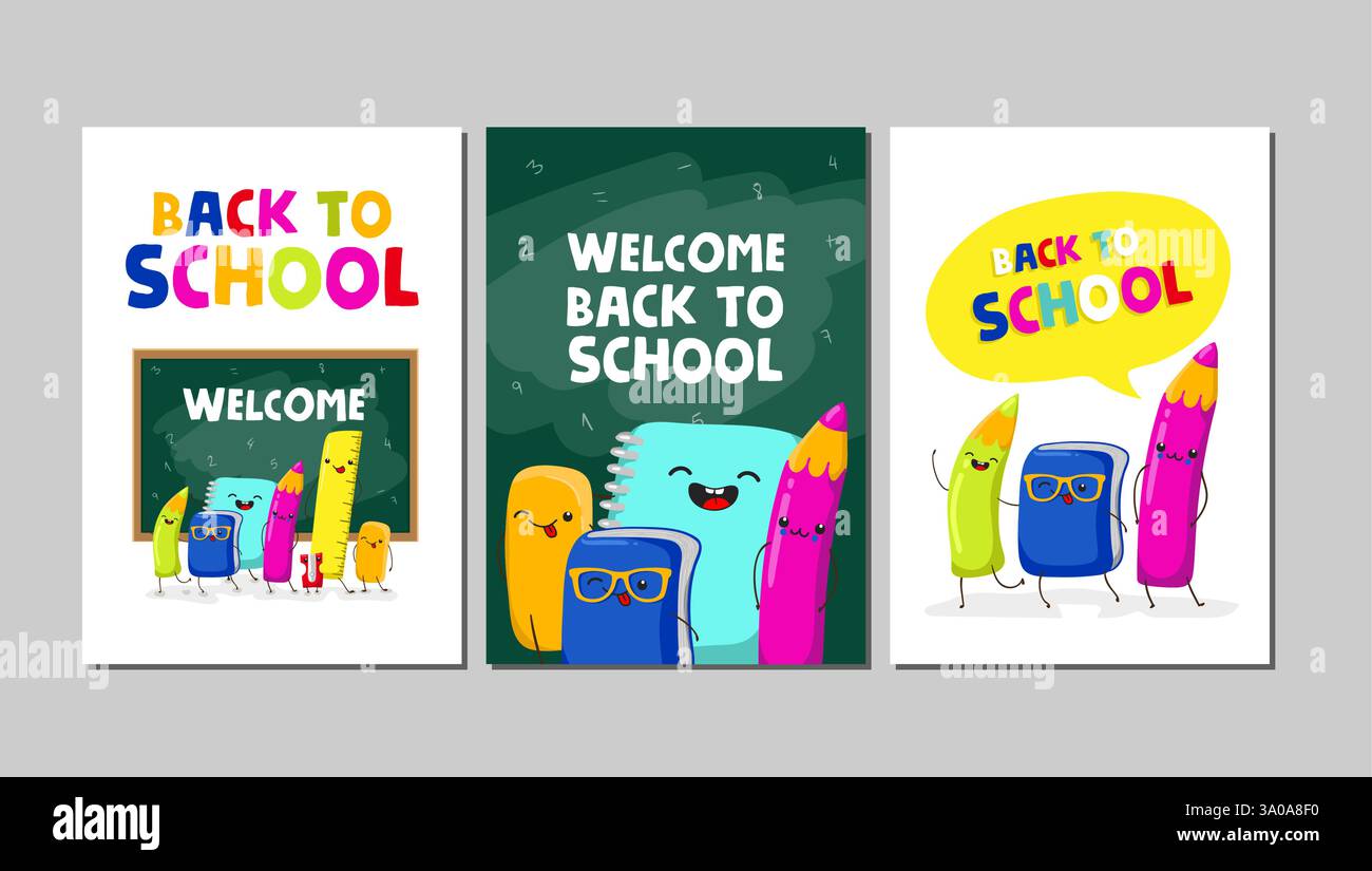 Back to school, kawaii characters. School illustrations. Vector EPS10 ...