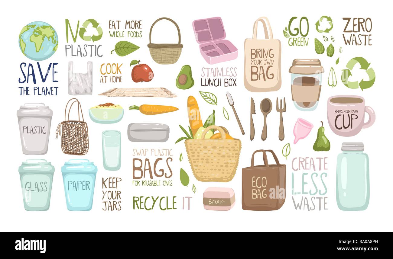 Set of zero waste elements and lettering. Zero waste vector ...