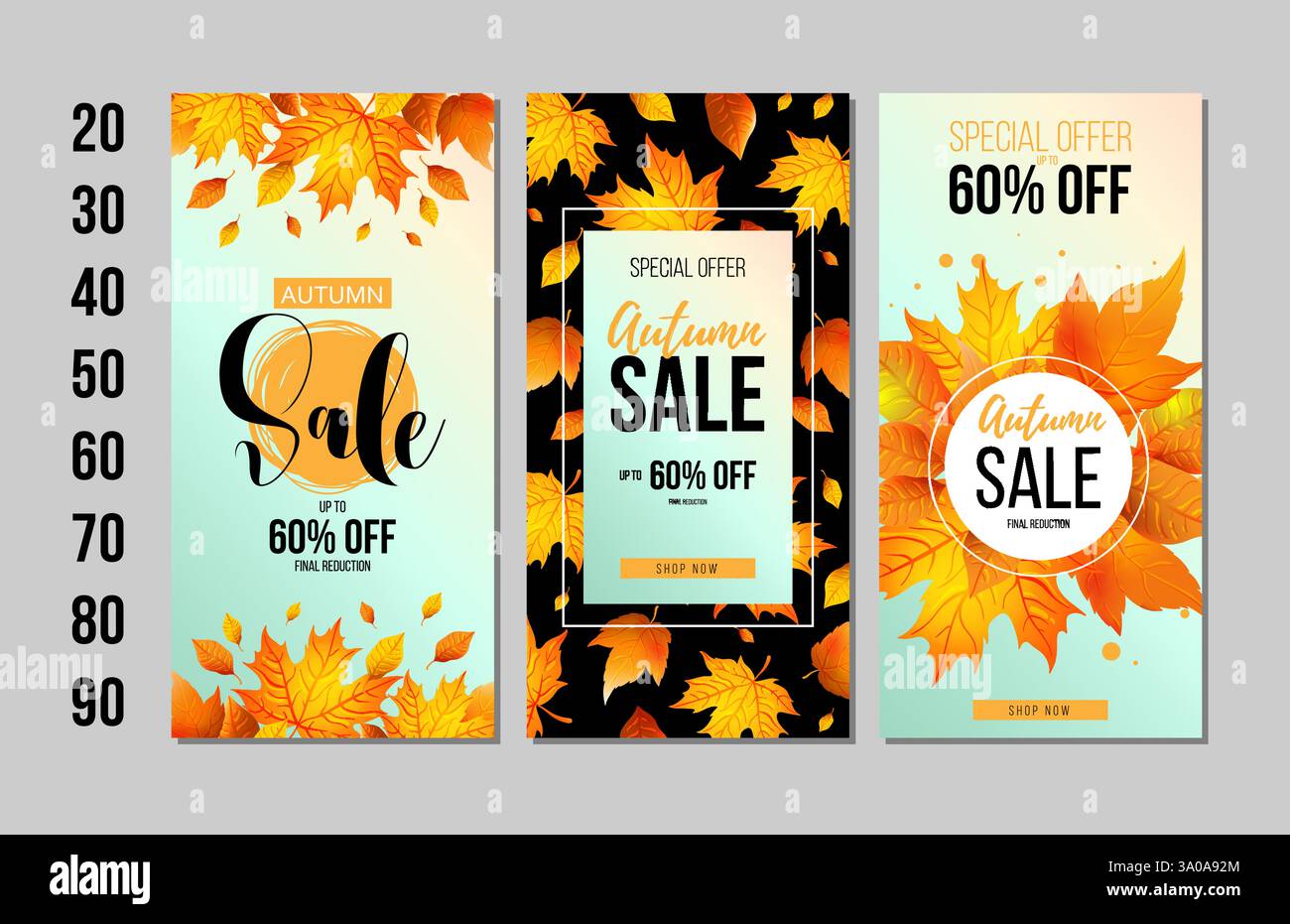 Set of Autumn sale flyer template with lettering, orange leaves. Fall ...