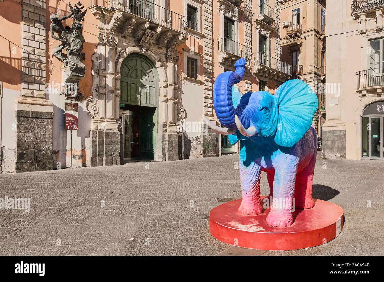 Catania, Italy - March 3, 2025: Blue and red elephant sculpture in ...