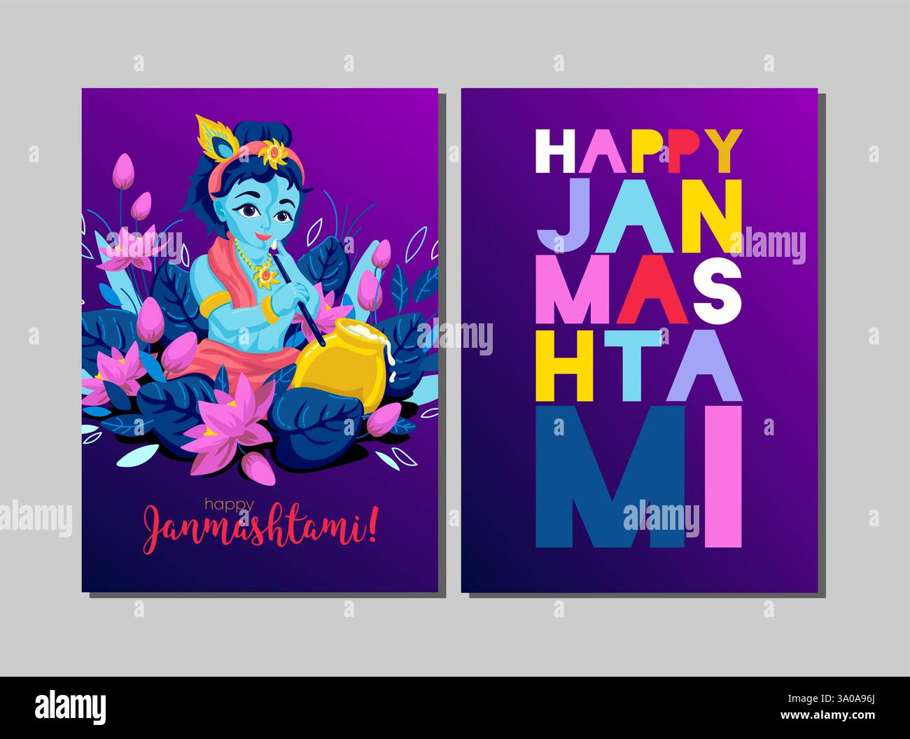Happy Janmashtami greeting cards. Krishna vector illustration Stock ...