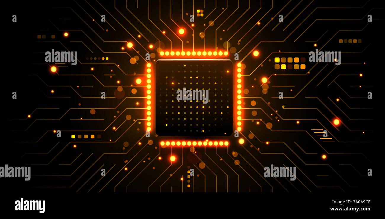 Brightly glowing AI chip on circuit board. Technology background. CPU ...