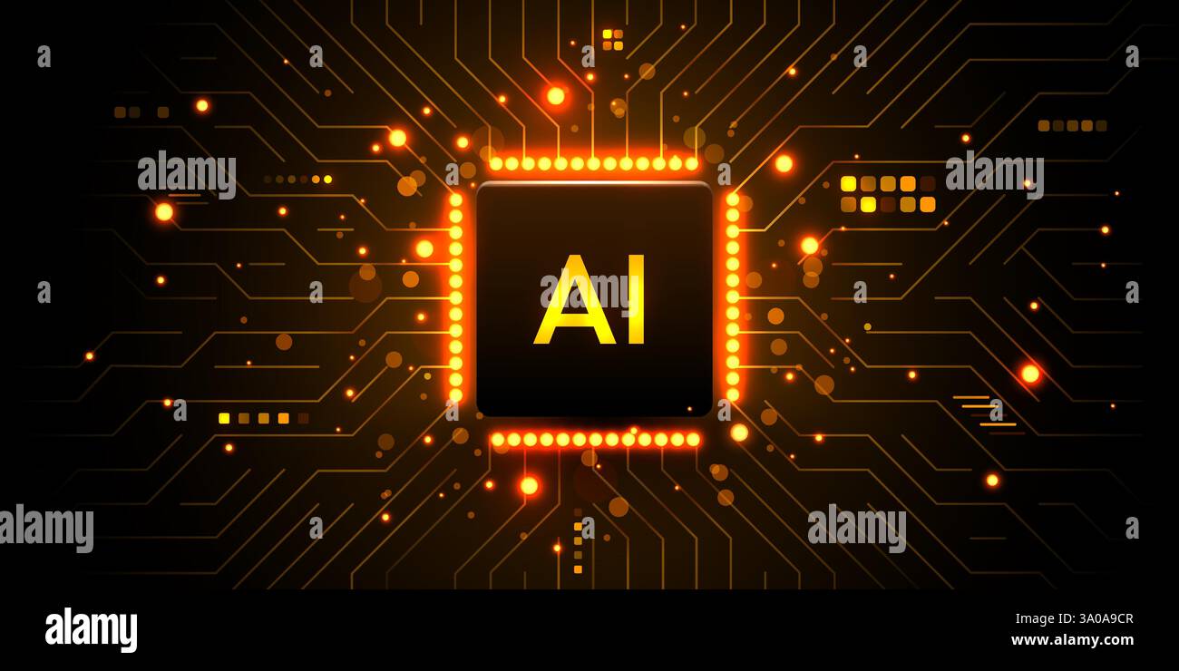 Brightly glowing AI chip on circuit board. Technology background. CPU processor on tech bg ...