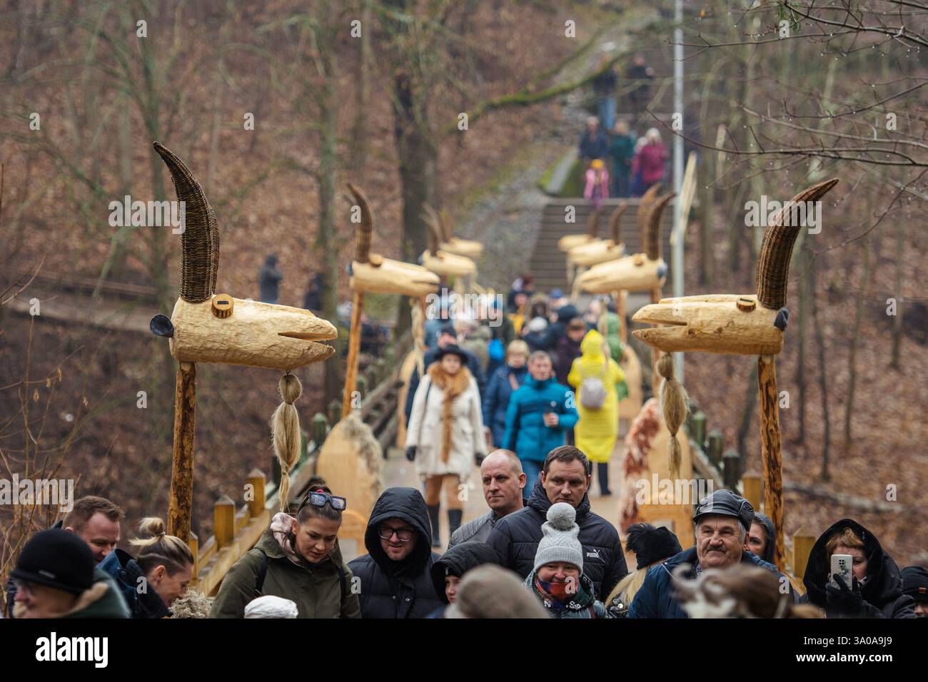 Traditional wooden goats in Rumsiskes, Lithuania during Uzgavenes, a ...