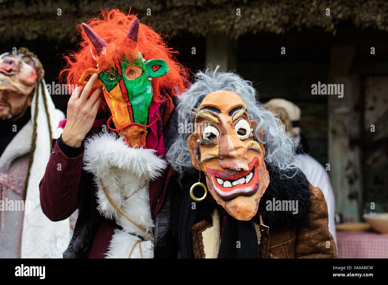Traditional masks in Rumsiskes, Lithuania during Uzgavenes, a ...