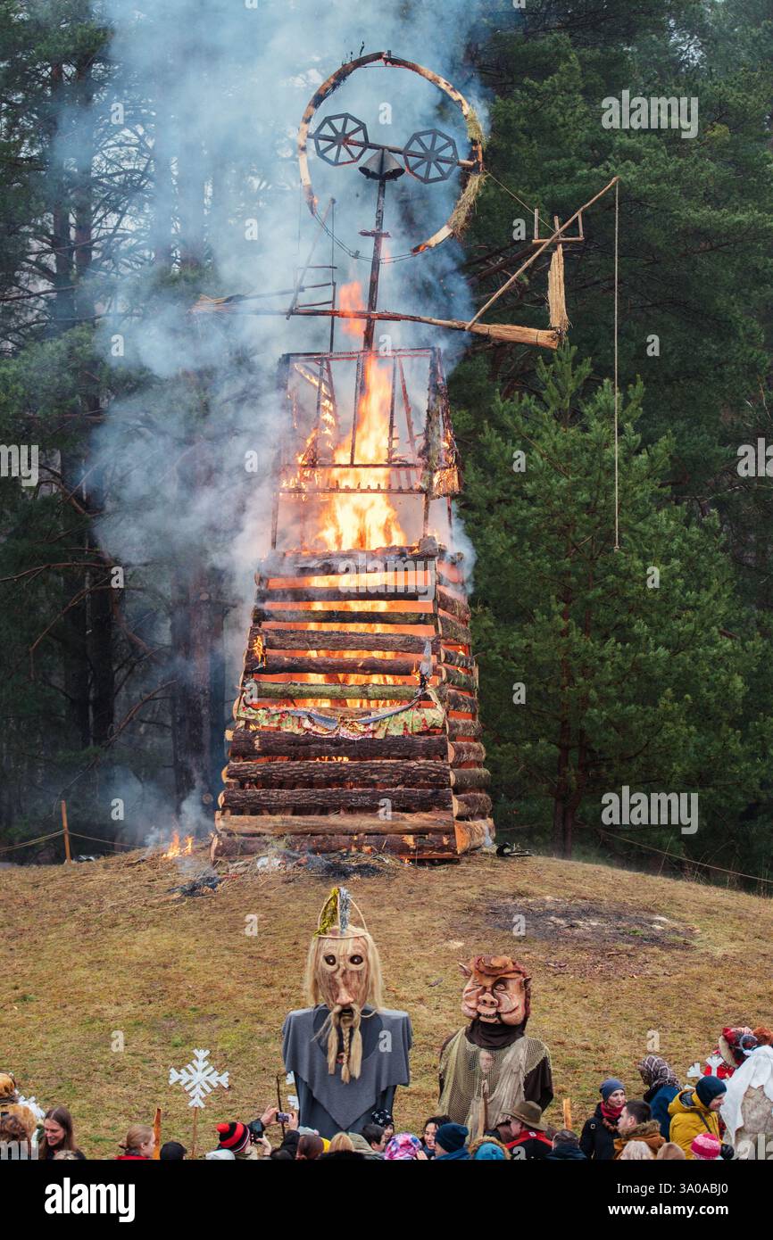 Traditional bonfire of a burning big puppet in Rumsiskes, Lithuania ...