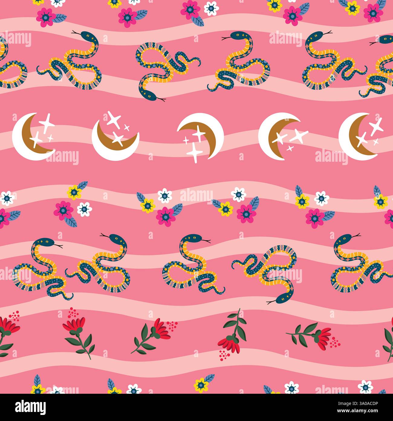 Snakes seamless pattern with flowers and moon Stock Vector Image & Art ...