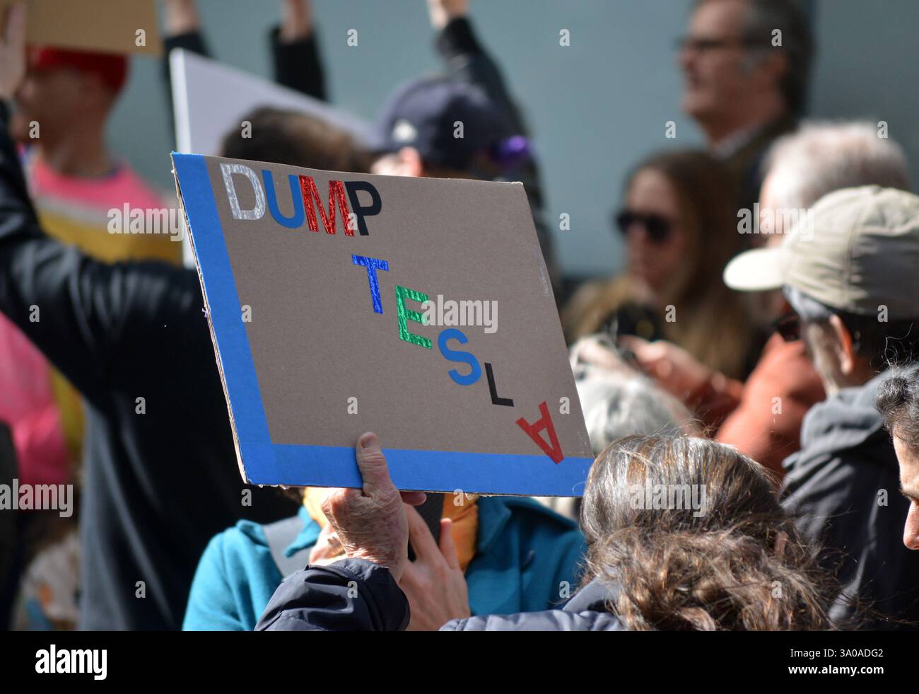Sign encouraging people to "Dump Tesla" at a protest against Elon Musk ...