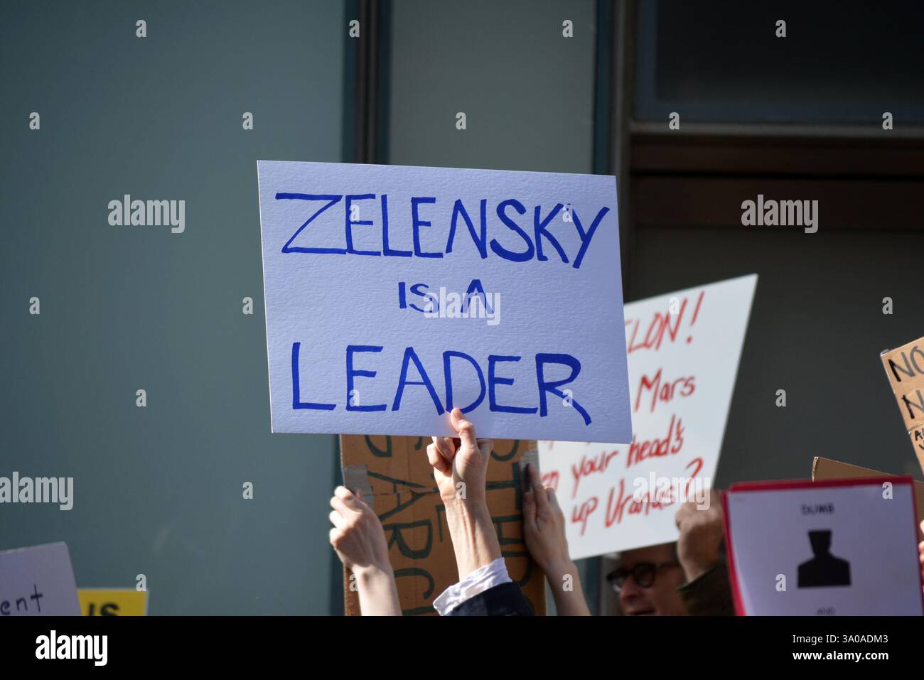 Signs of support for the Ukraine at a protest against Elon Musk and ...