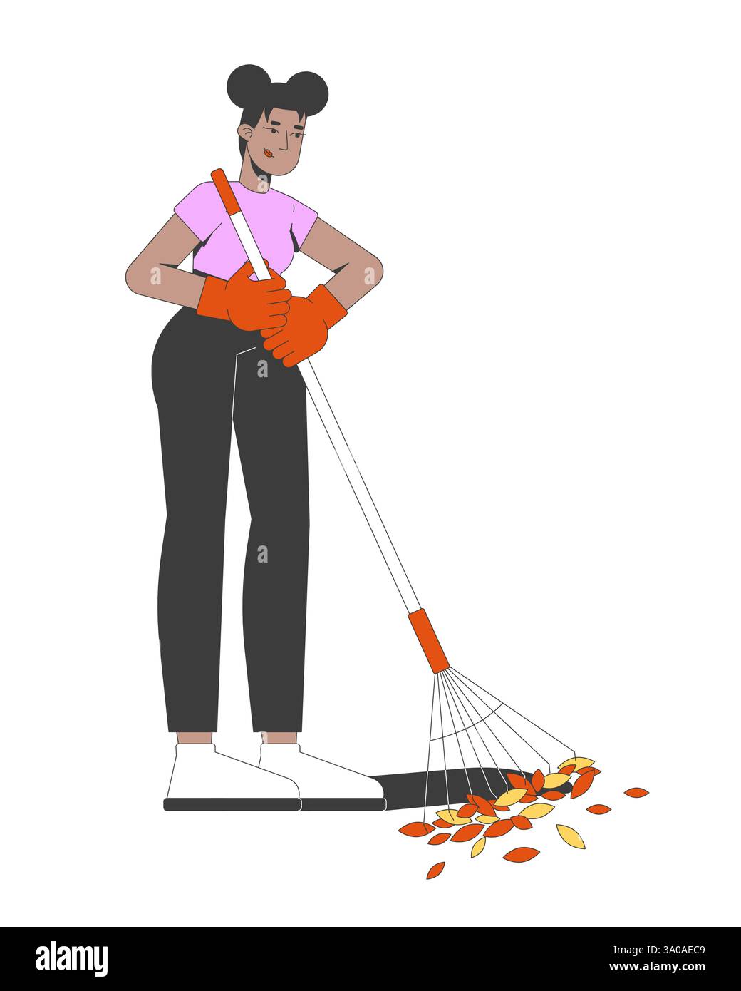 Black woman raking autumn fallen leaves into pile 2D cartoon character ...