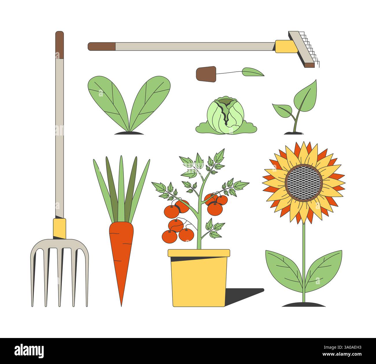 Gardening tools, vegetables and plants 2D cartoon object Stock Vector ...