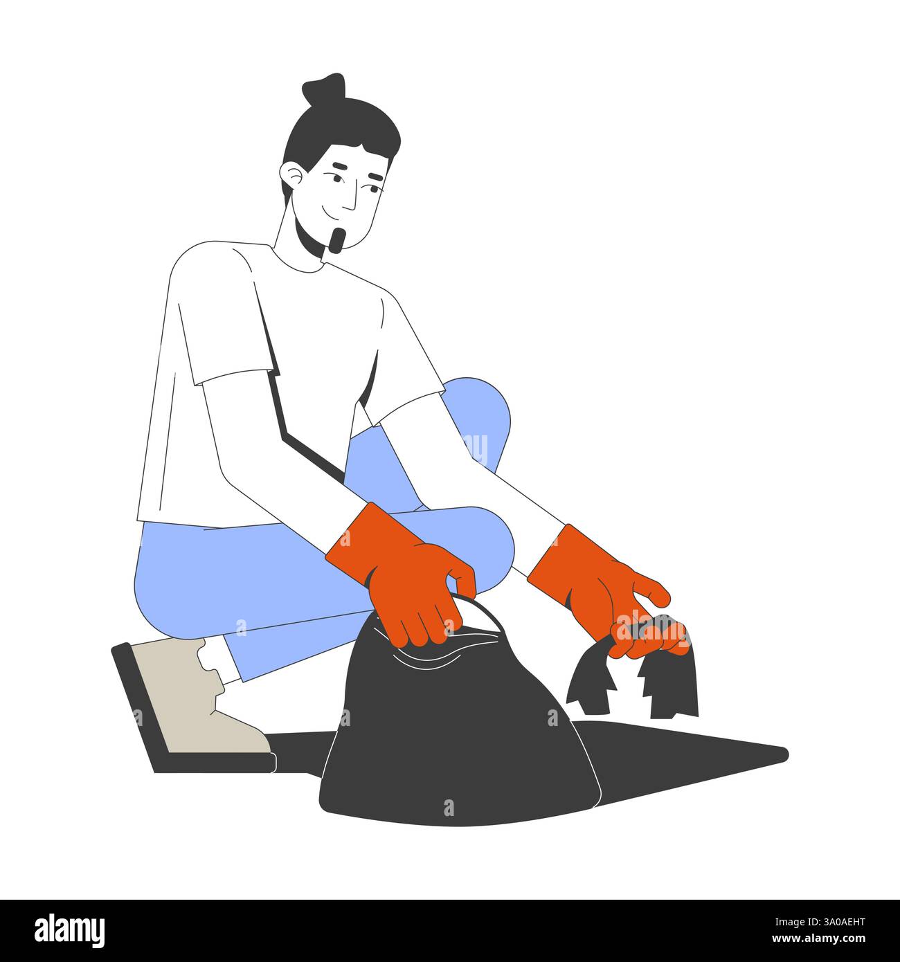 Caucasian bearded man with bun hairstyle cleaning up litter 2D cartoon ...