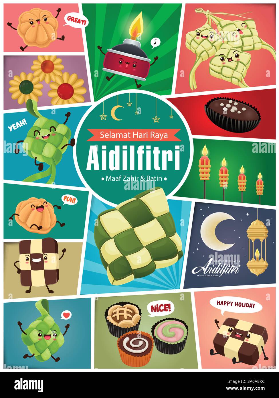 Hari Raya Aidilfitri background design with ketupat, lantern, moon ...