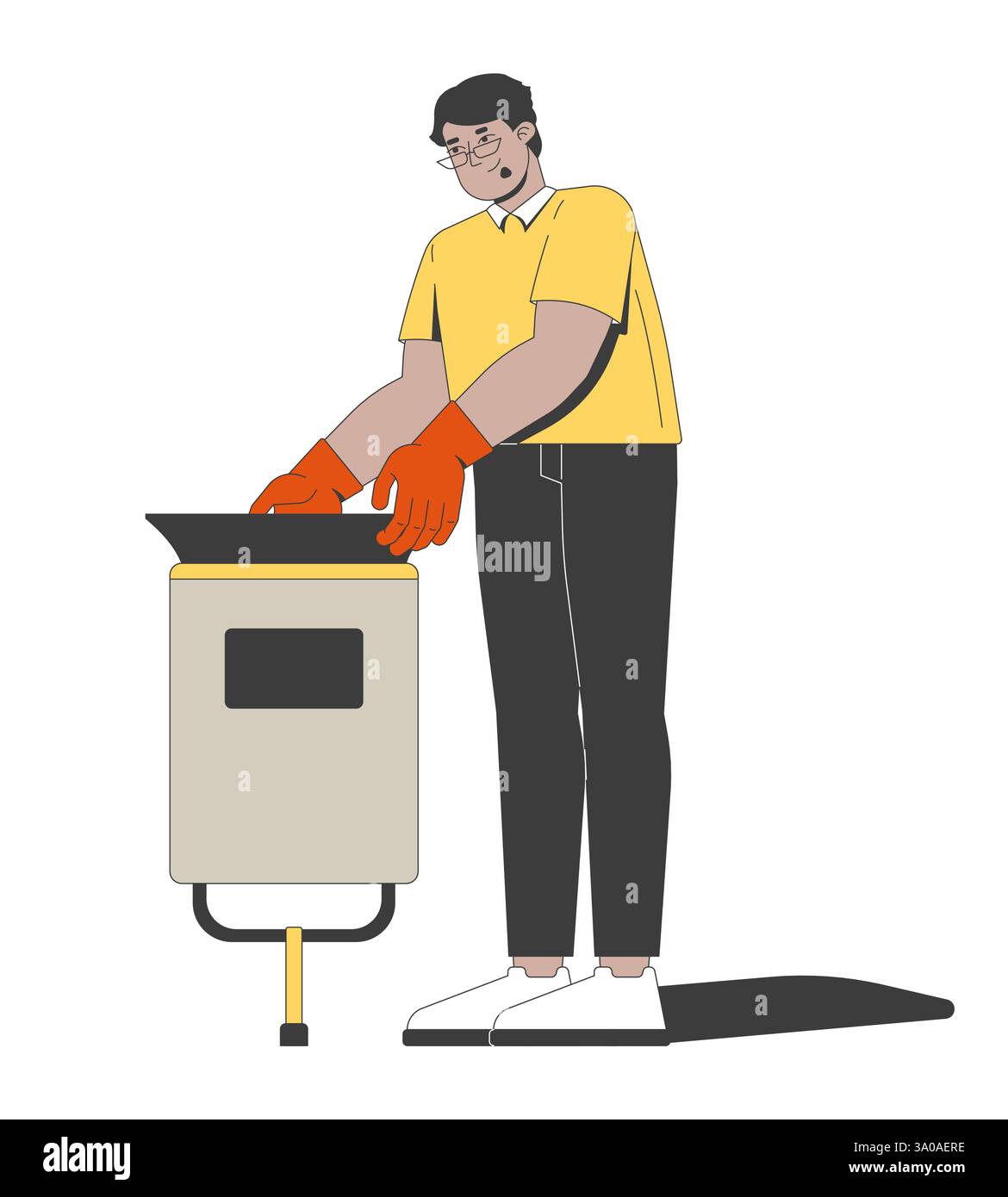 Arab man in gloves removing trash bag from waste bin 2D cartoon ...