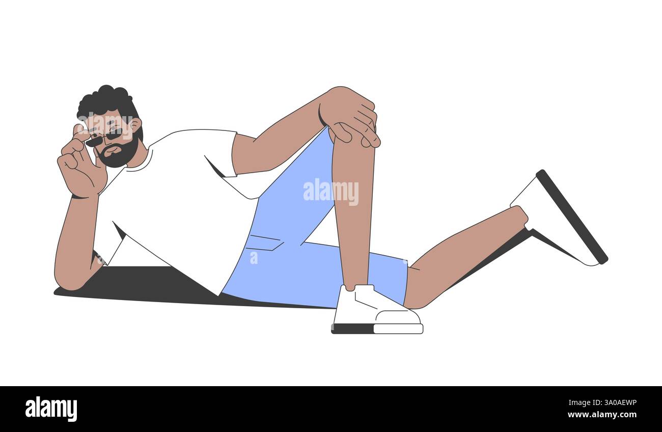 Relaxed bearded black man in sunglasses lounging on side 2D cartoon ...