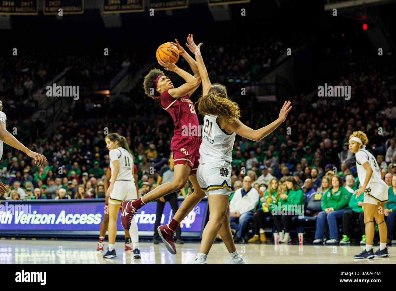 Florida State forward Makayla Timpson (21) shoots over Notre Dame forward Maddy Westbeld (21 ...