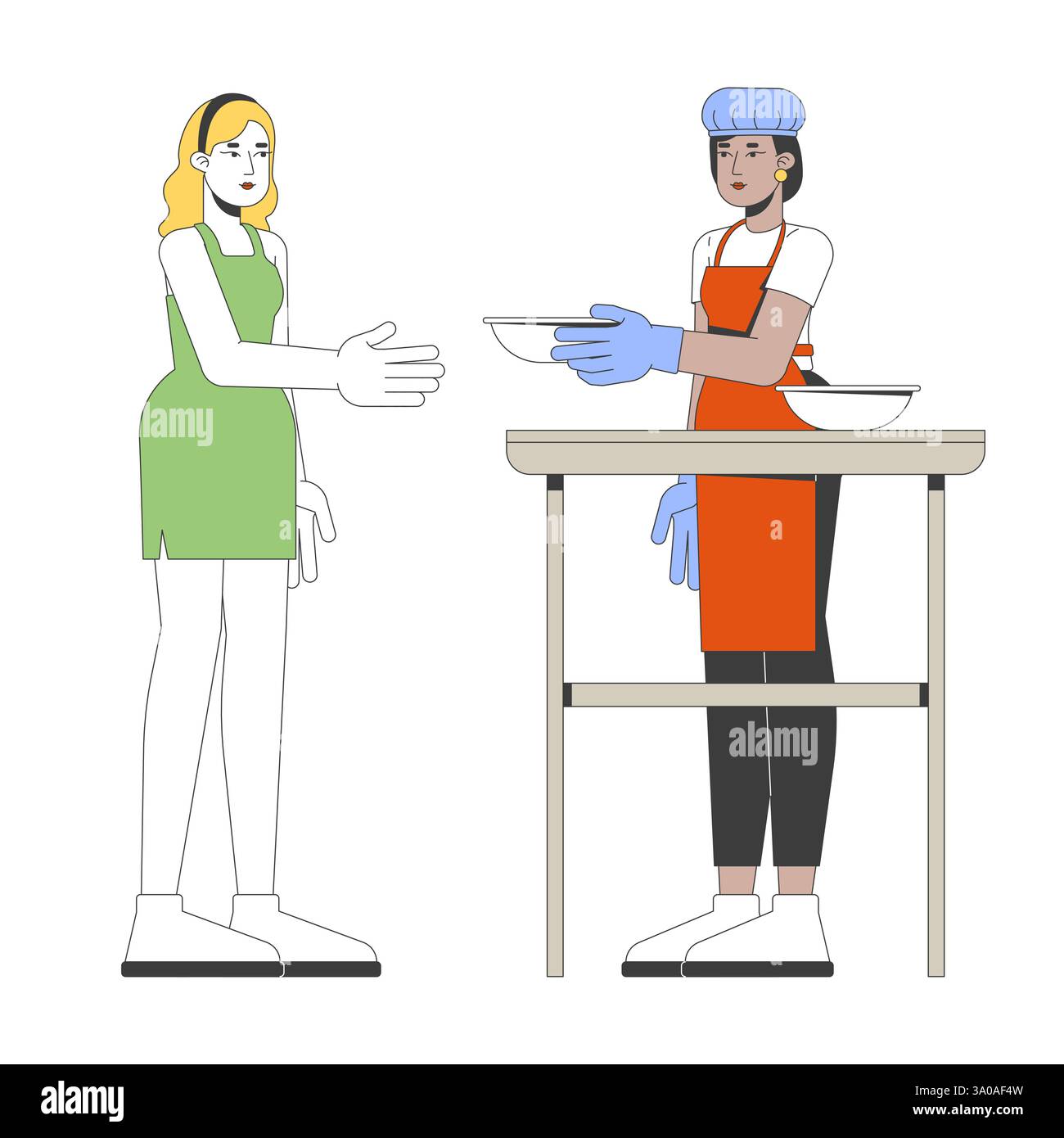 Female volunteer serving food at charity event 2D cartoon characters ...