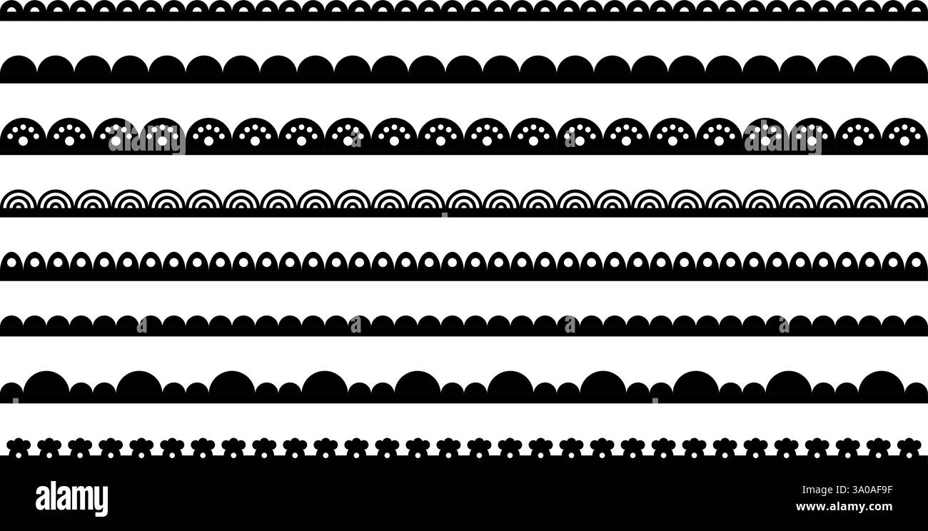 Lace border edge. Scallop pattern on fabric ribbon. Vector set of lines ...