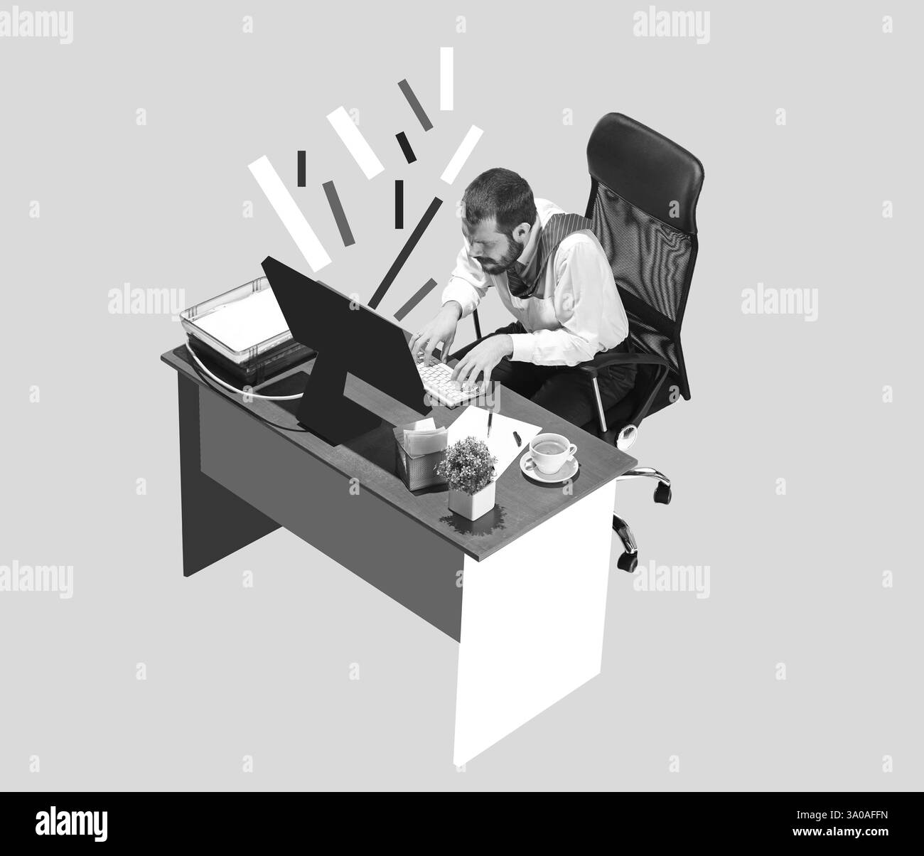Overworked businessman typing intensely at cluttered desk, surrounded ...