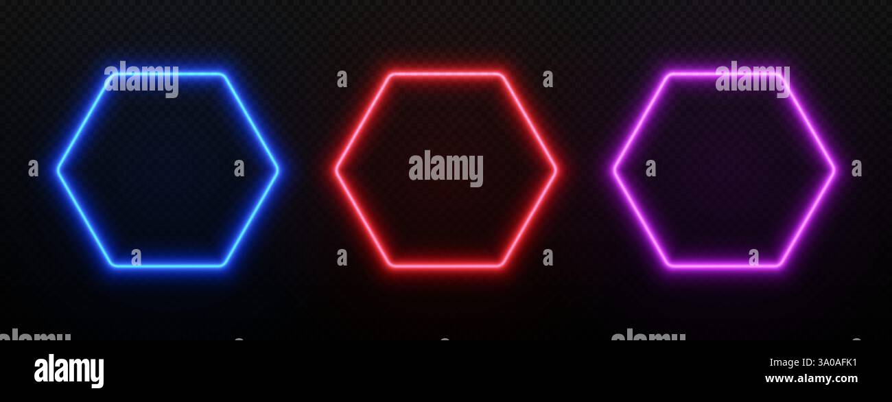 Neon light hexagon frame. Borders with led glow in blue, red and purple ...