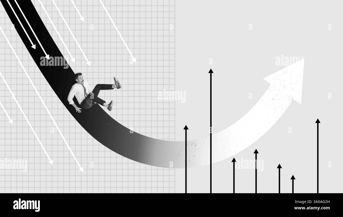 Businessman sliding downward on dark curve transitioning into growth ...