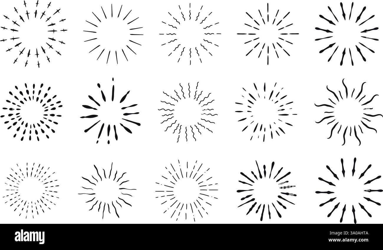 Sun graphic elements doodle sketch style. Set of round outlines sun ...