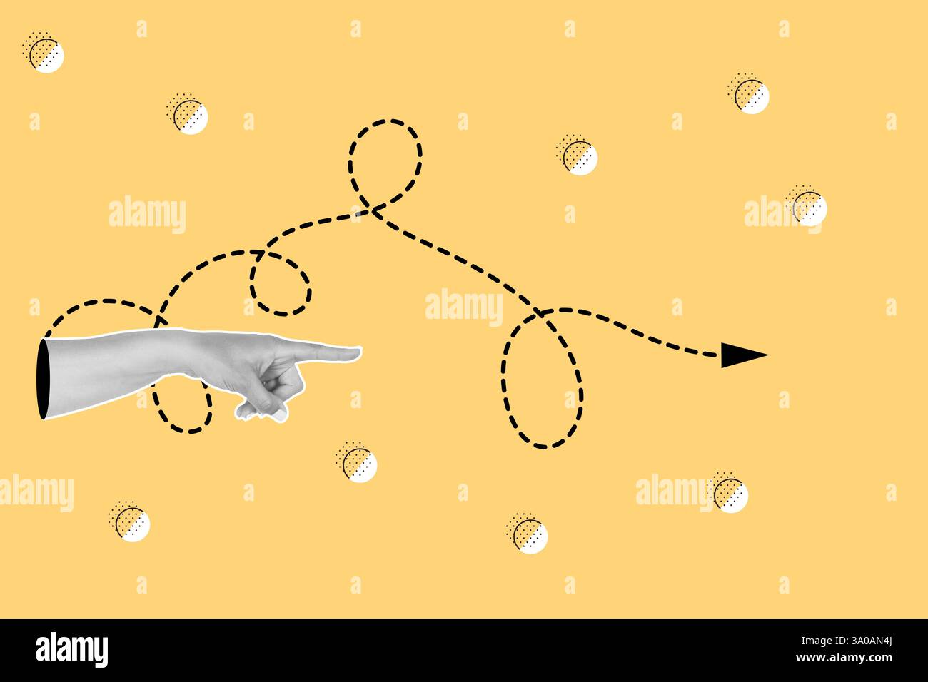 Collage of a woman hand pointing a black trace line on a yellow ...