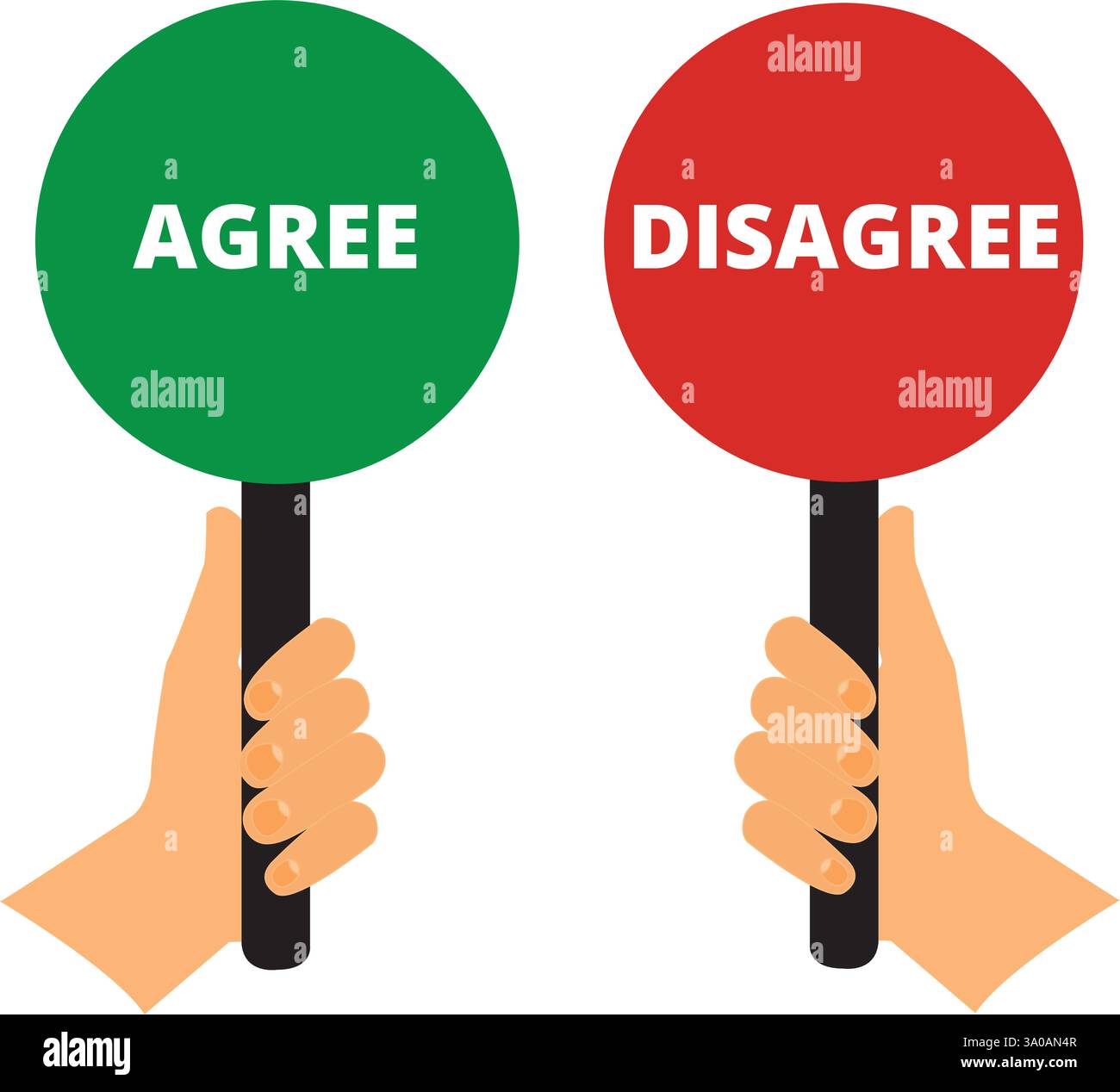 Hands holding red and green round signs with agree and disagree words written on them Stock ...