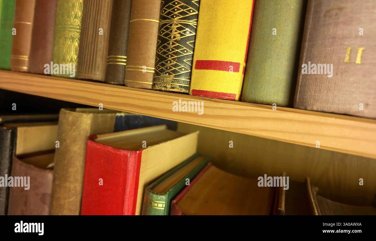 View of two rows of old books in the book collection. Vintage books in ...