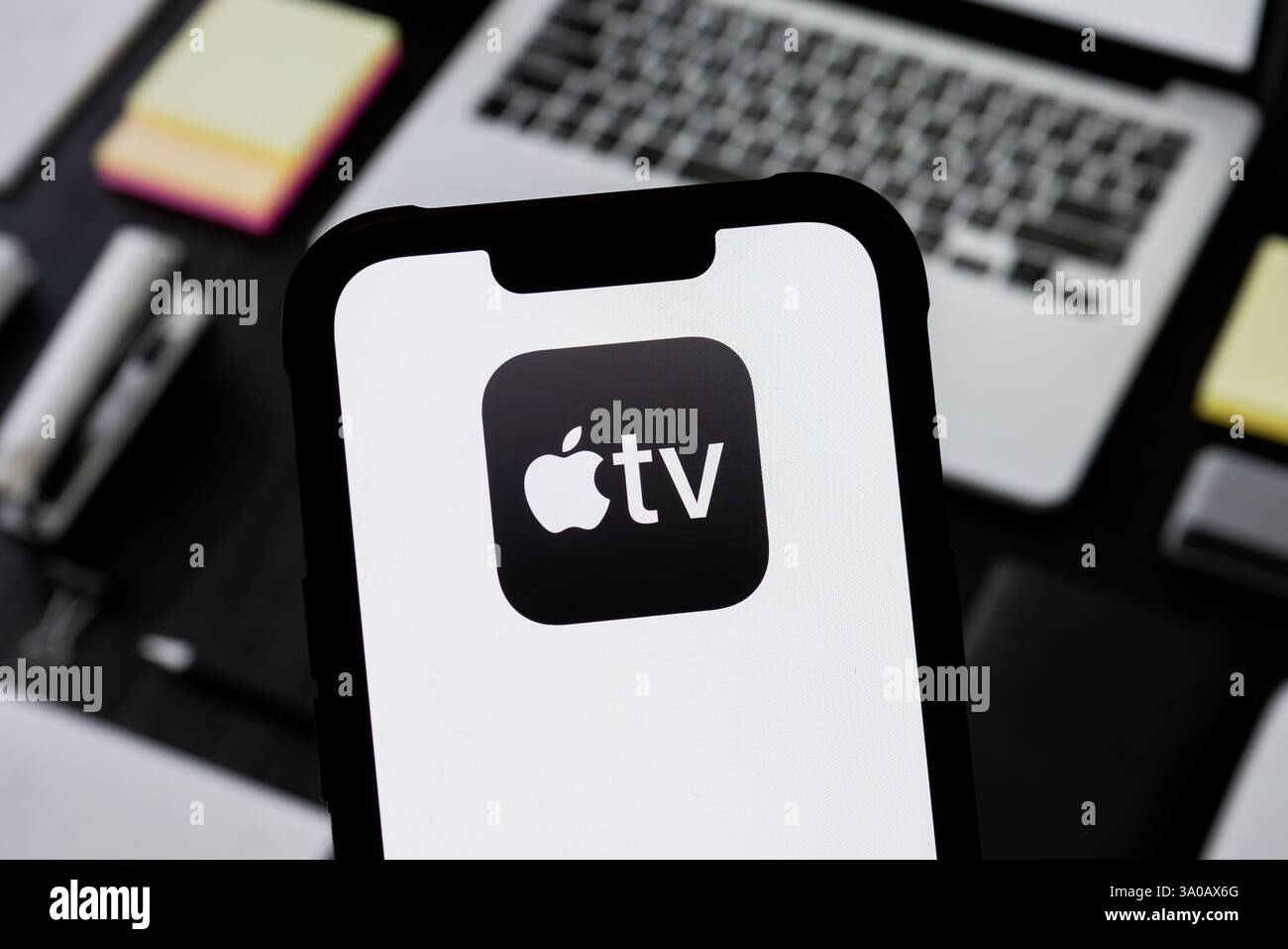 Poland. 02nd Mar, 2025. In this photo illustration, an Apple TV logo seen displayed on a ...