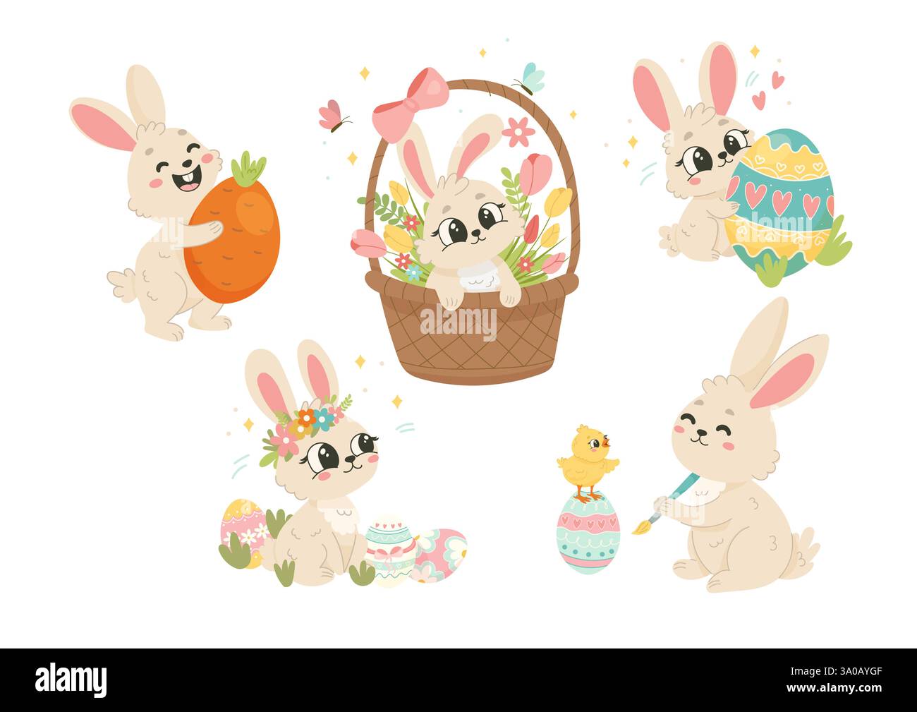 Cute Easter Bunny Clipart Set. Hand-Drawn Spring Collection for Cards ...