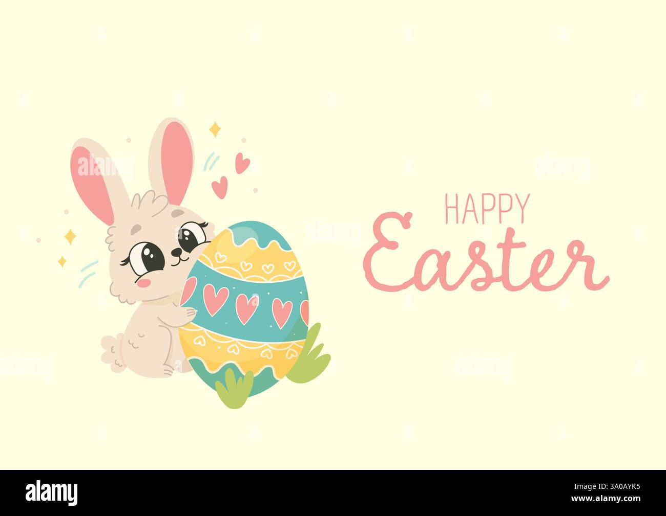 Cute Easter Bunny Hugging a Big Decorated Egg. Hand-Drawn Vector for ...