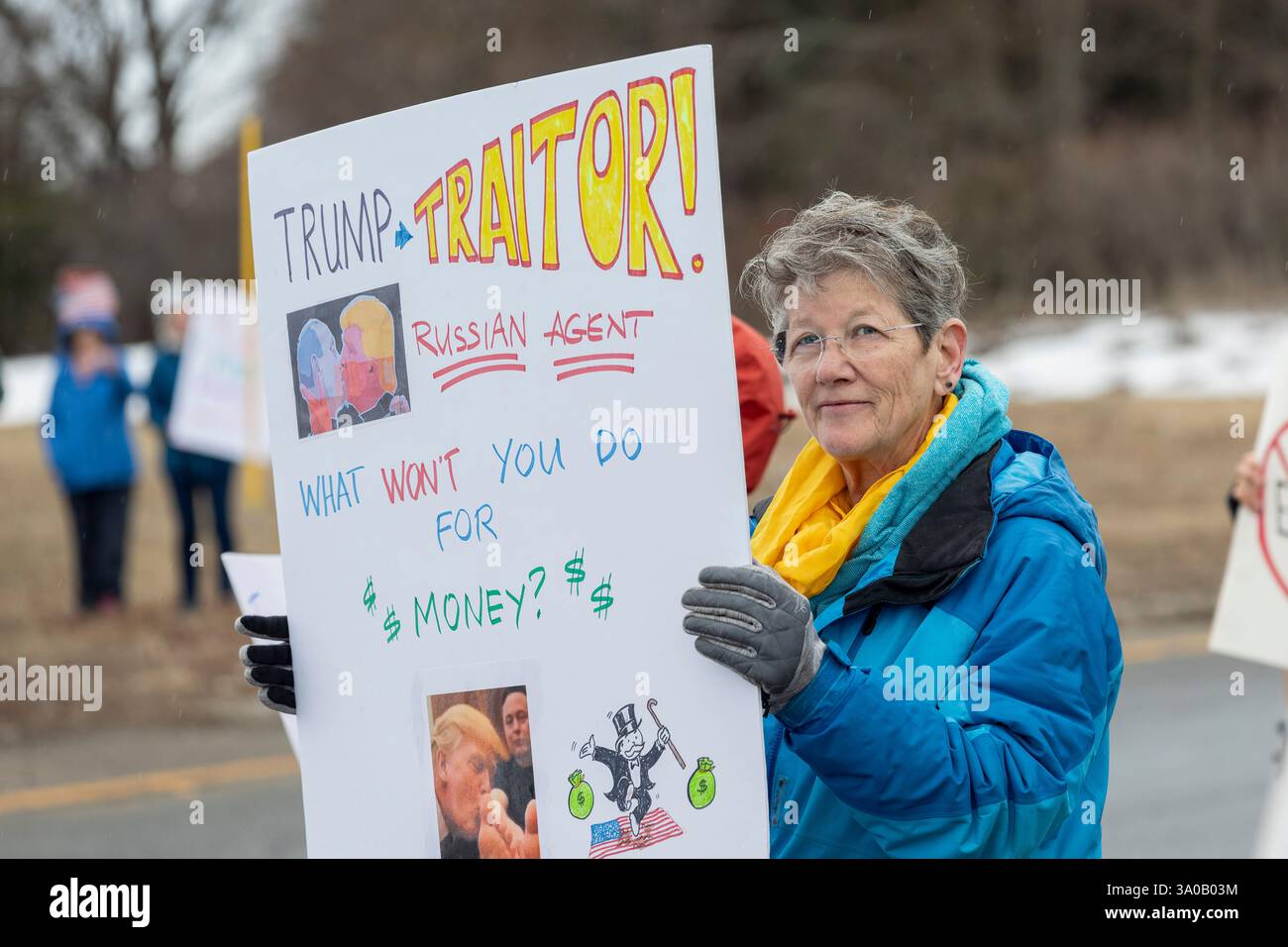 March 1, 2025. Peabody, MA. Dozens of protesters lined the edge of ...