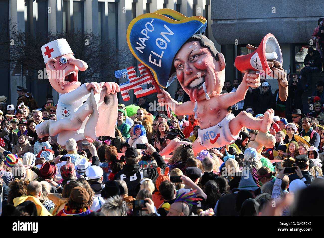 Duesseldorf, Germany. 03rd Mar, 2025. The Musk theme float ("Napo-Elon ...