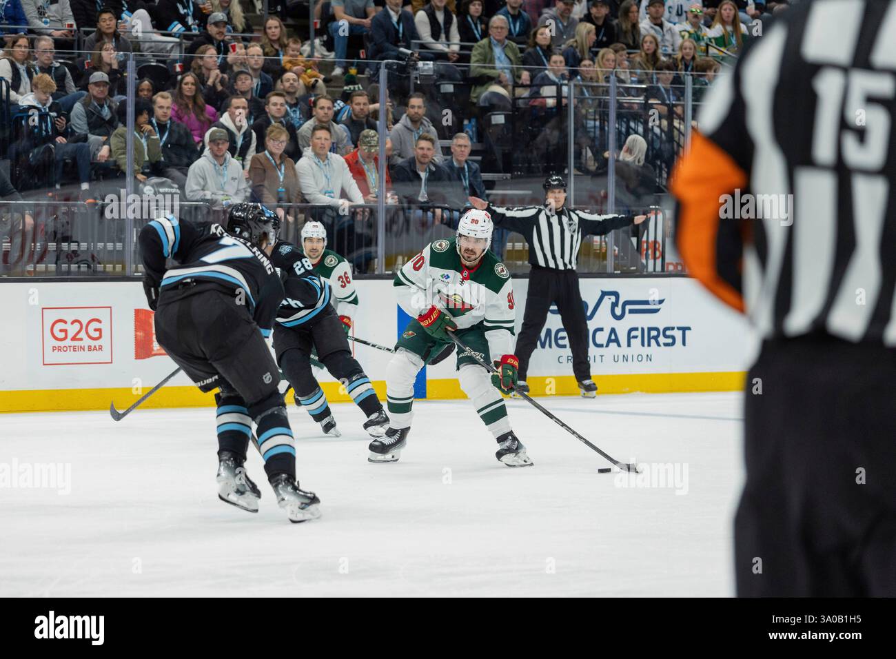 Minnesota Wild left wing Marcus Johansson (90) skates with the puck on ...