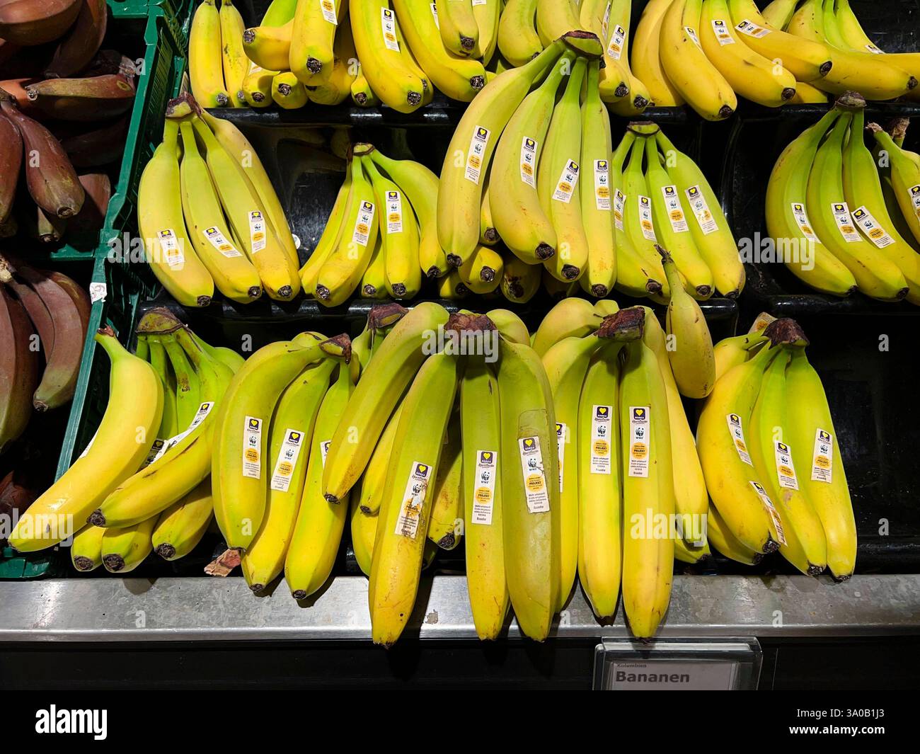 Gelbe Bananen liegen in der ObstabteilungAuslage in einem Supermarkt in ...