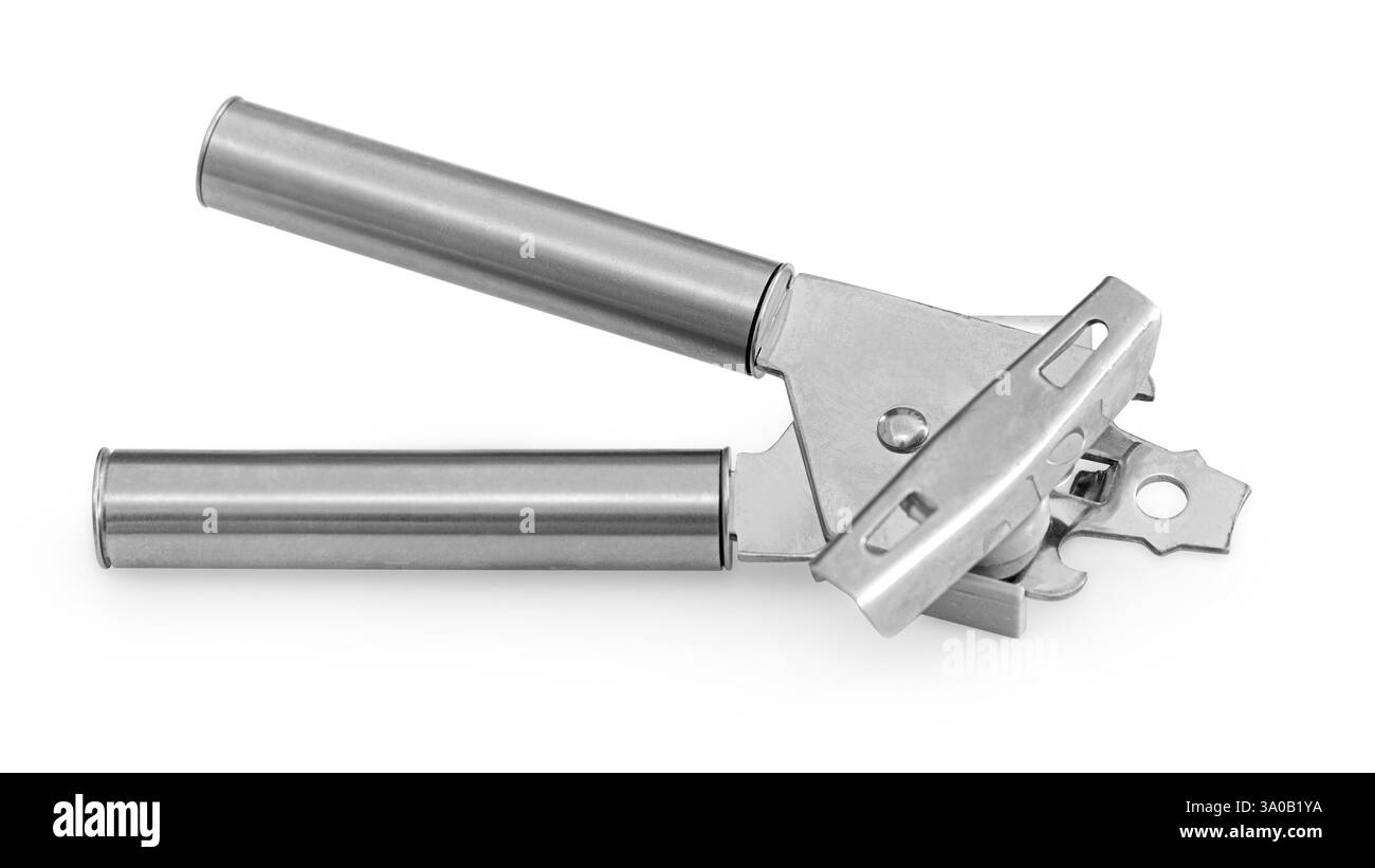Classic stainless steel can opener lying on a white background, ready ...