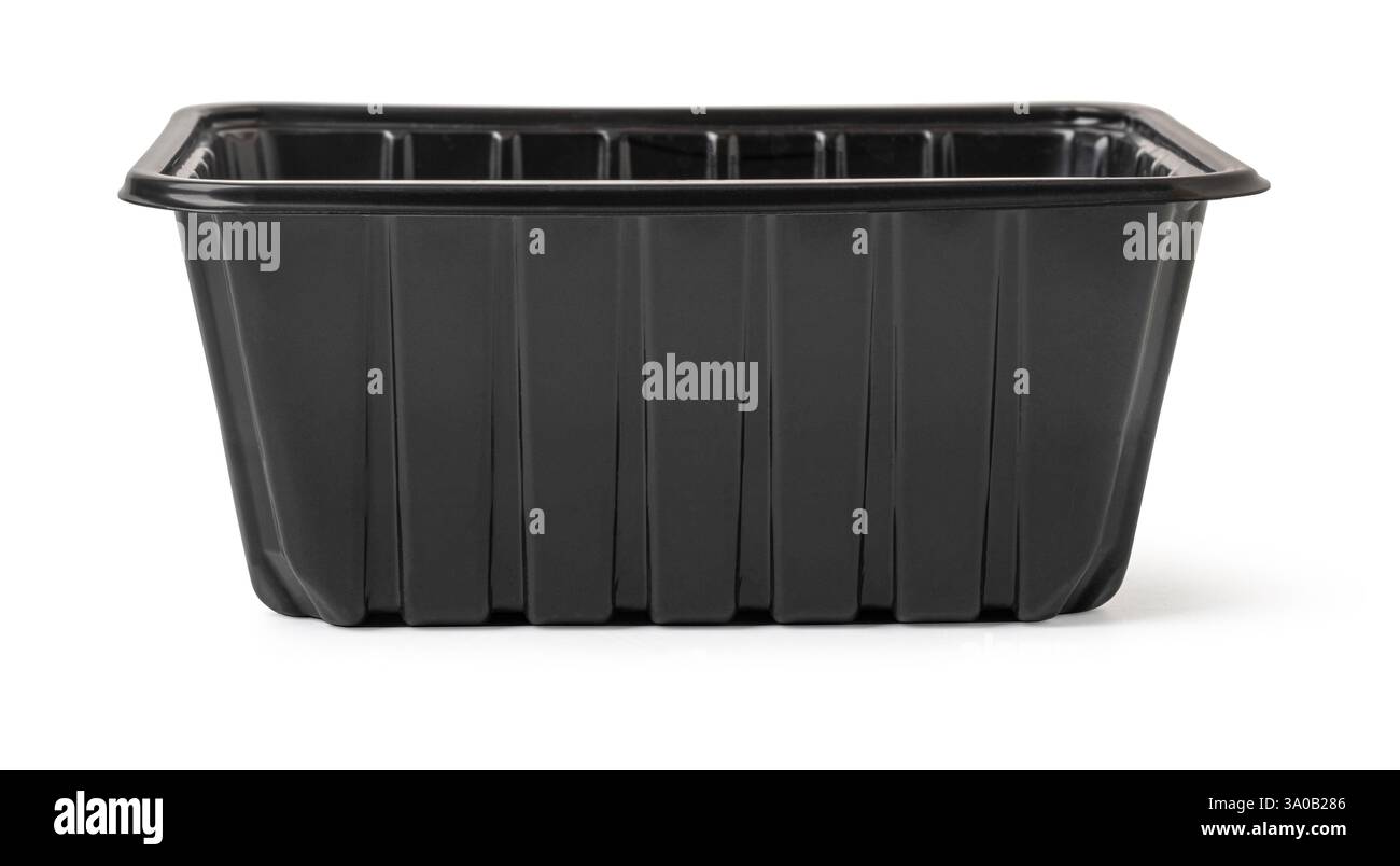 Studio shot of a black disposable plastic food container, highlighting ...