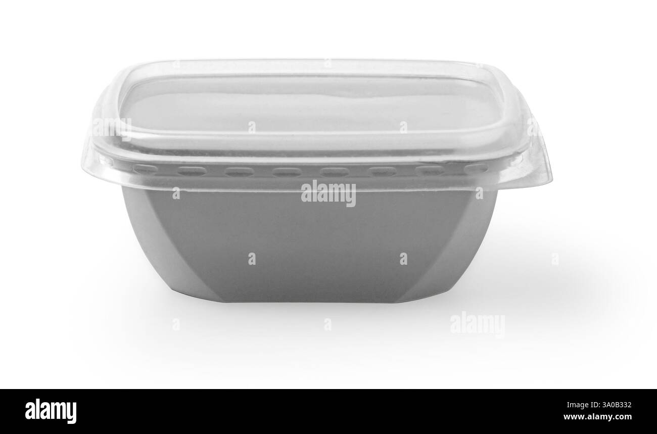 Rectangular gray plastic food container closed with transparent lid ...