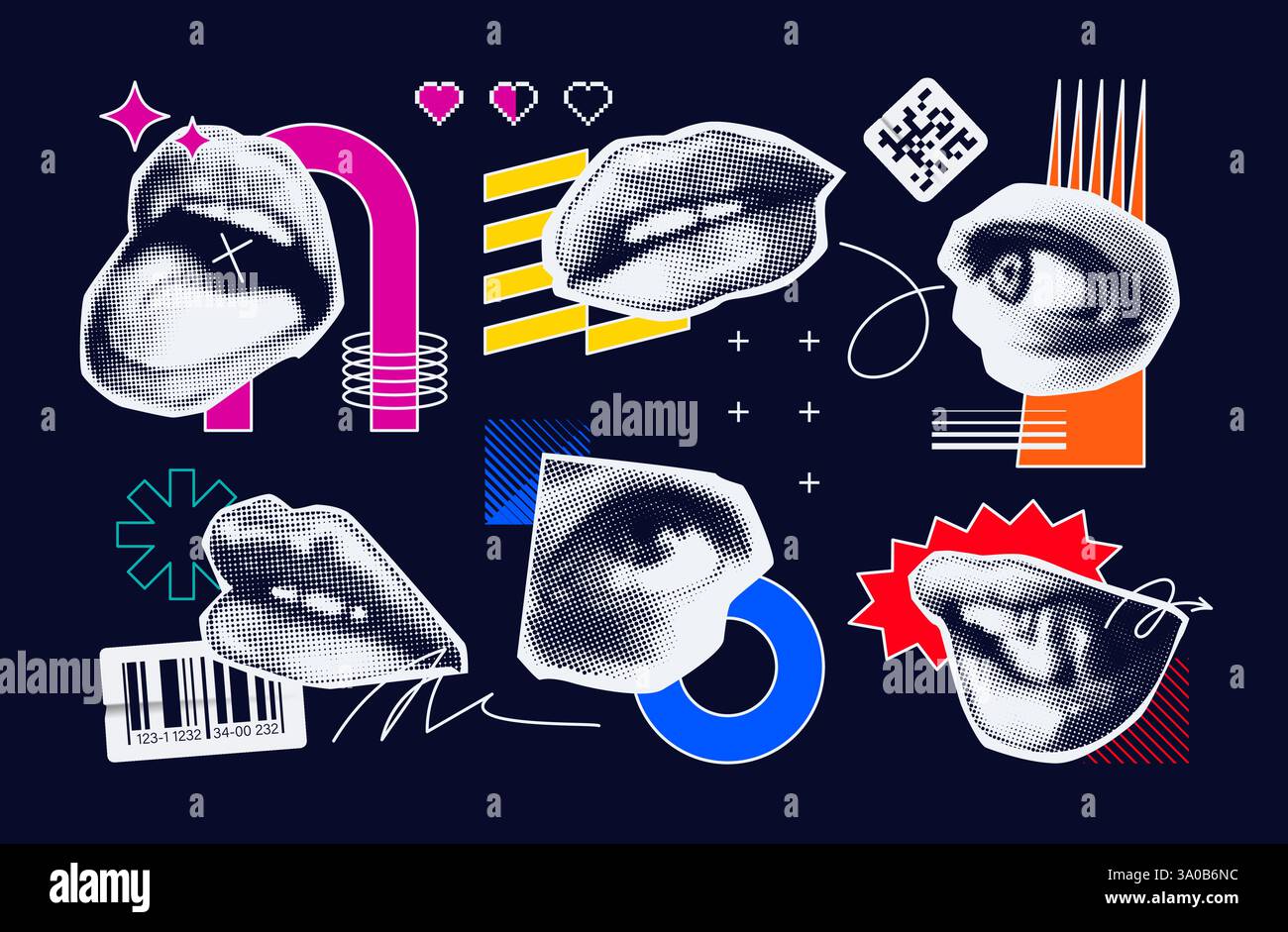 A vibrant collection of abstract graphic elements featuring halftone ...