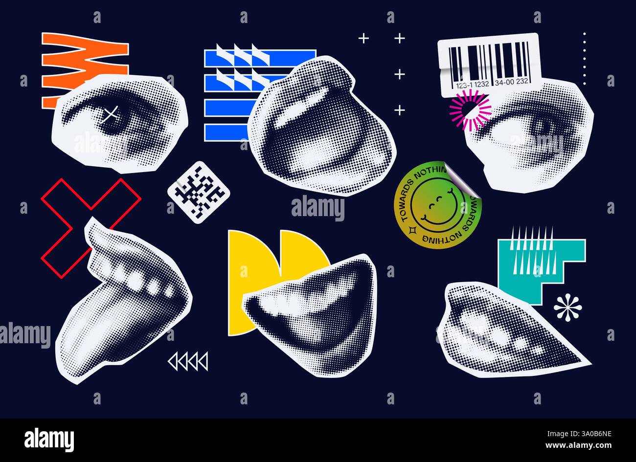 A vibrant collection of abstract graphic elements featuring halftone ...