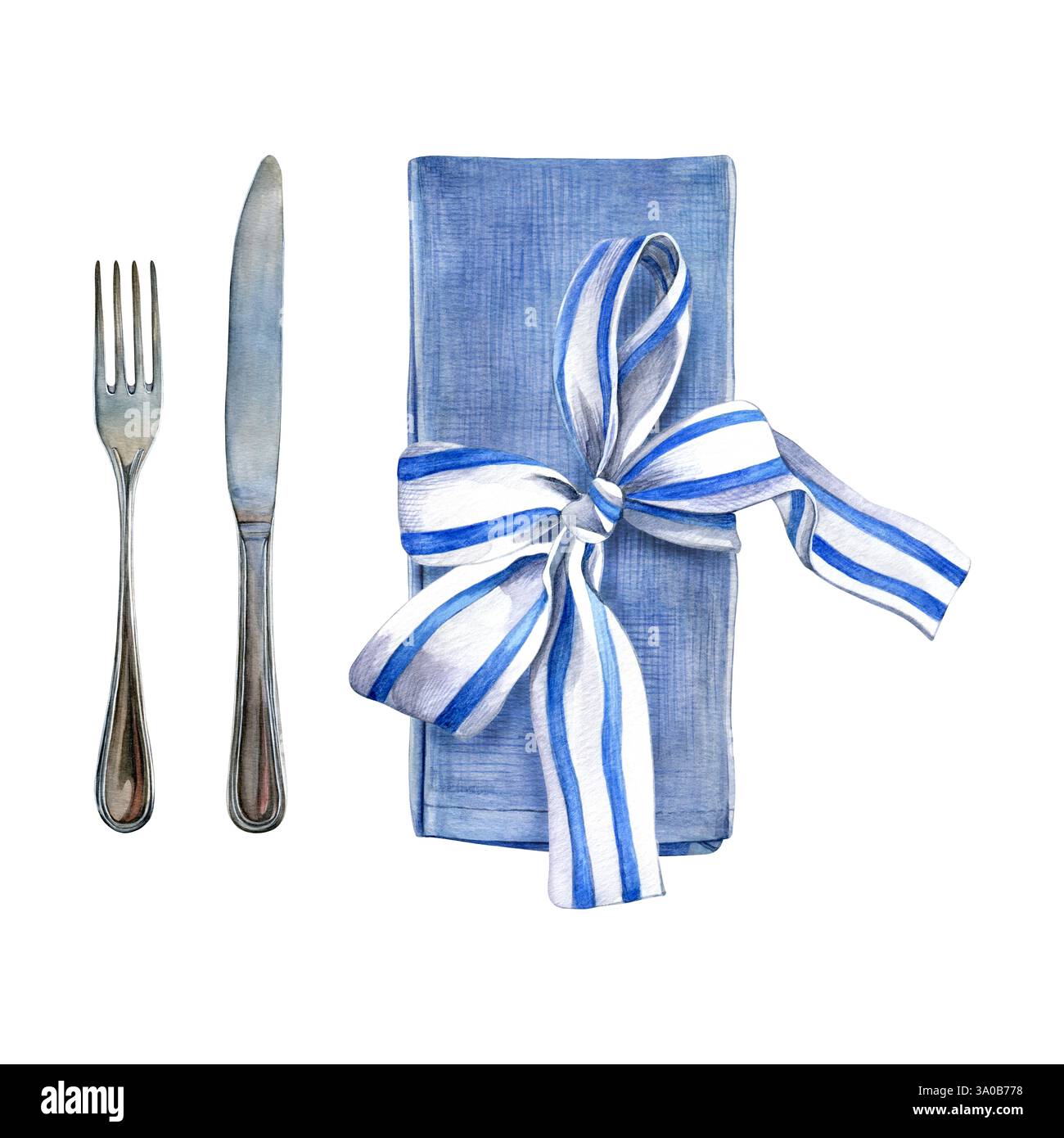 Table setting. Watercolor illustration of blue napkin, ribbon with ...