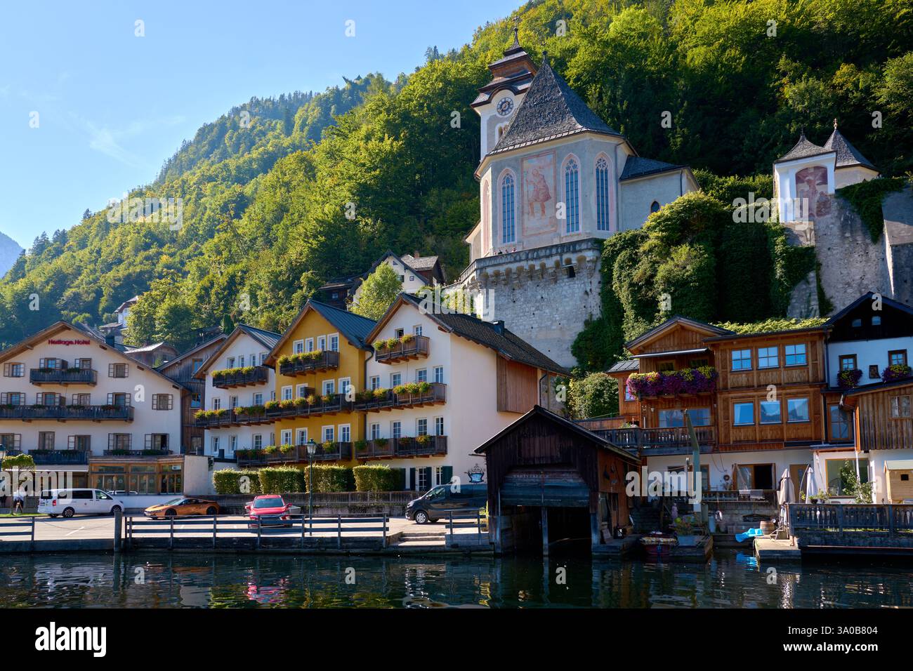 Hallstatt, Austria – September 28, 2023 Hallstatt Parish Church Lake ...